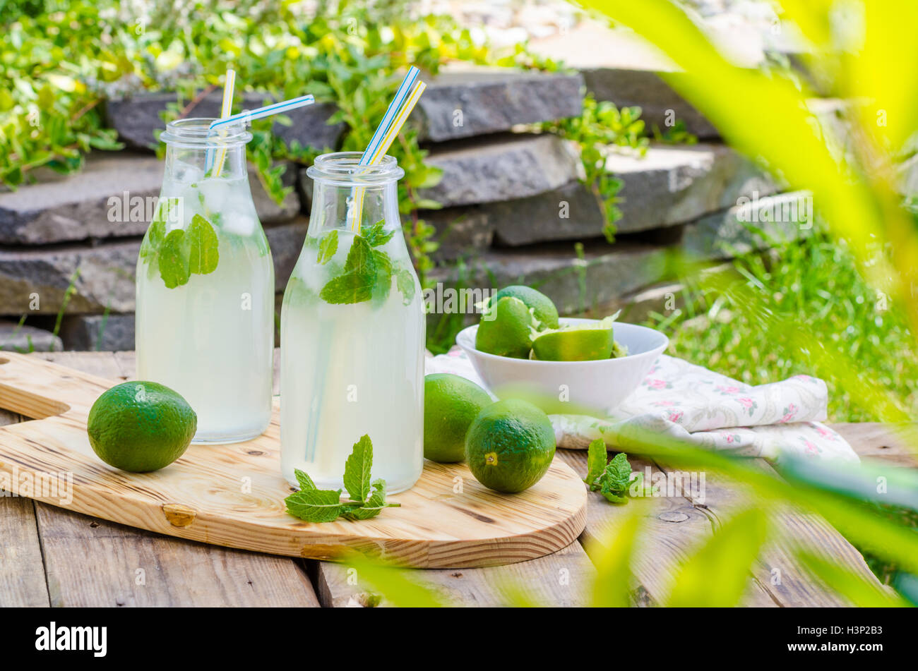 Homemade mint lemonade with lime, outside ready to drink Stock Photo ...