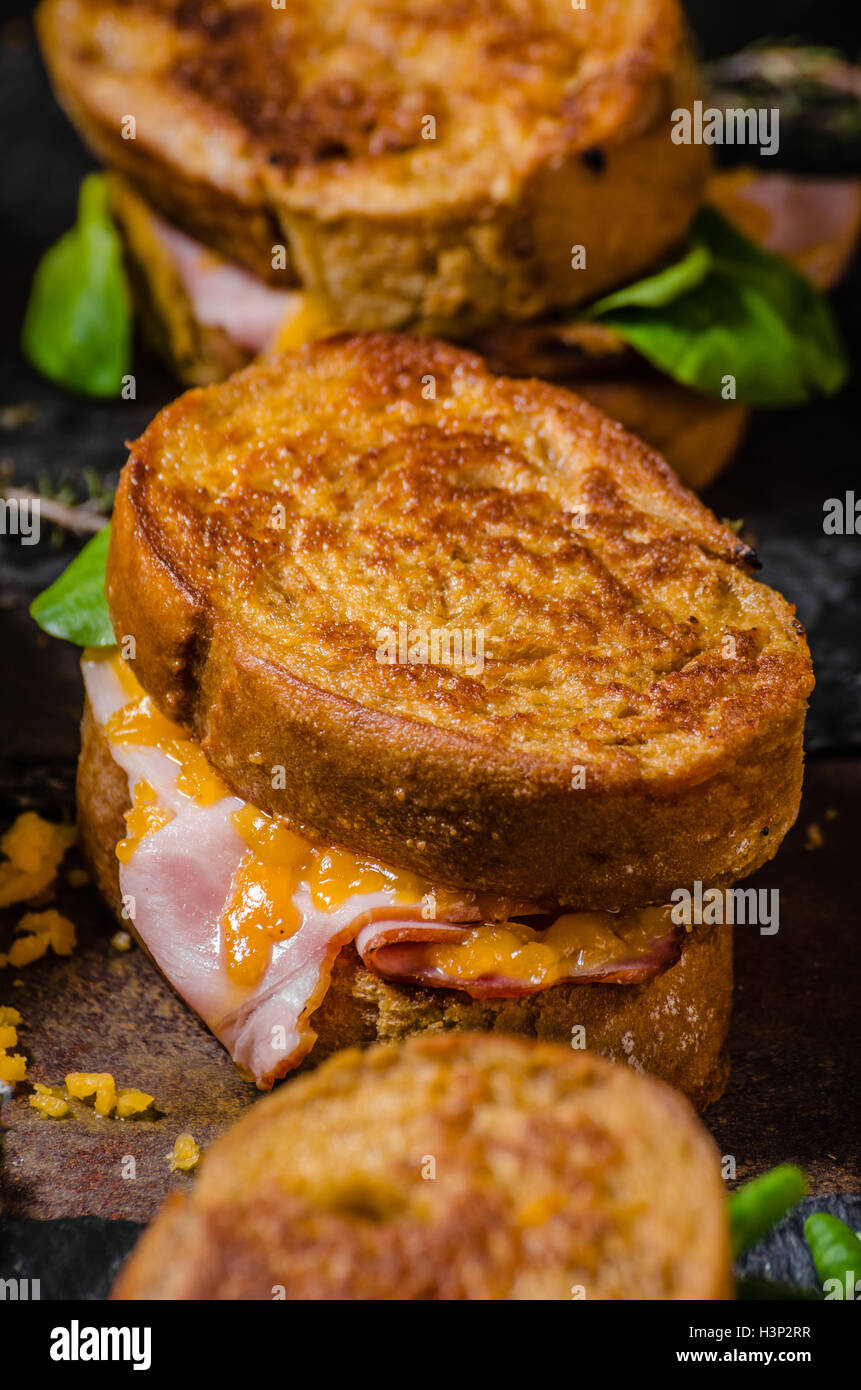 French toast with ham and cheese, melted cheese inside, delicious snack ...