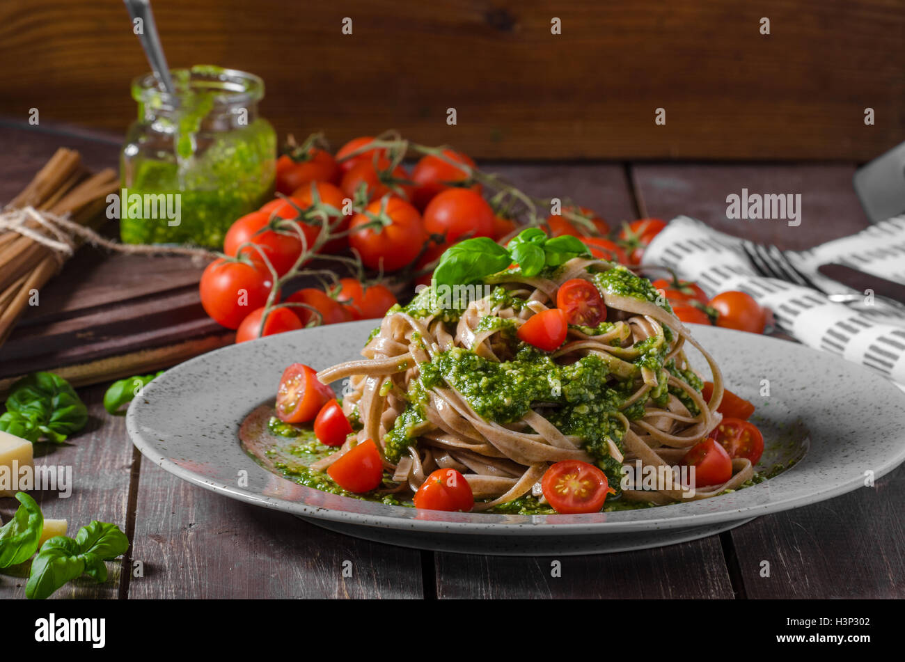 Pasta with basil pesto and parmesan, french parmesan basil pesto with ...