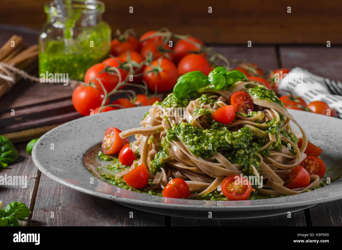 Pasta with basil pesto and parmesan, french parmesan basil pesto with ...