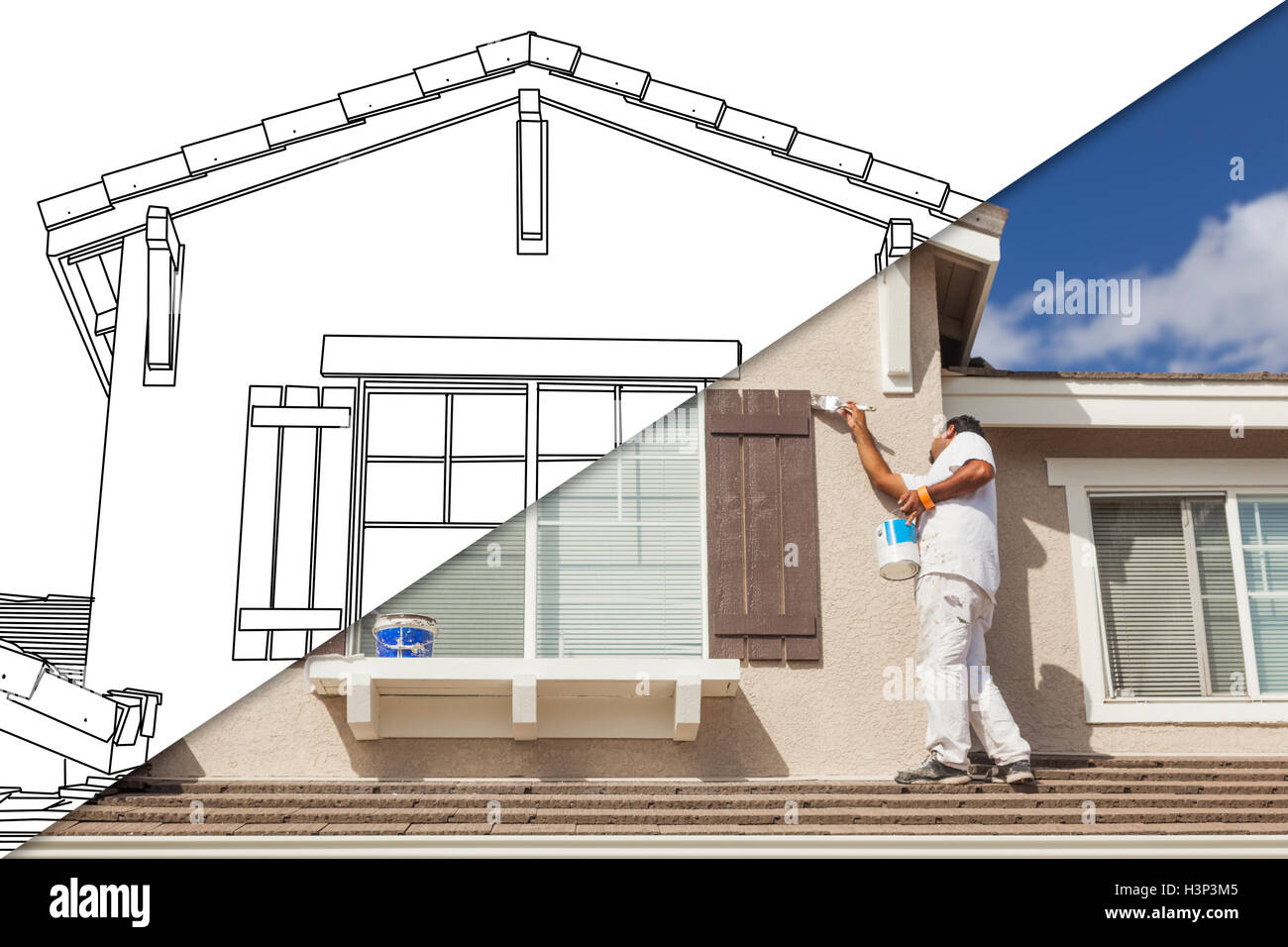 Diagonal Split Screen of Drawing and Photo of Busy House Painter ...