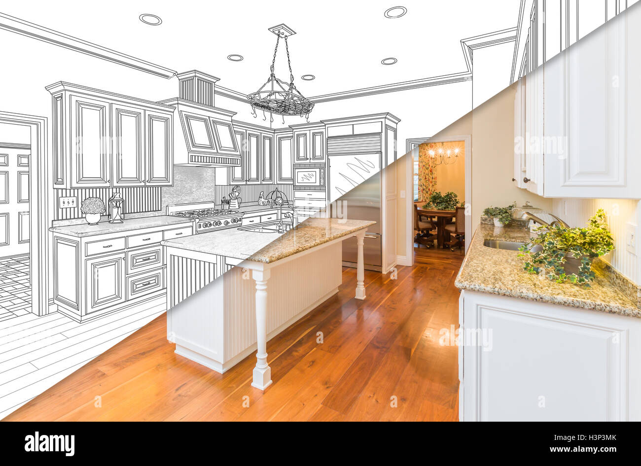 Diagonal Split Screen Of Drawing and Photo of Beautiful New Kitchen ...