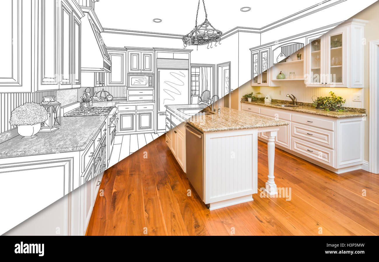 Diagonal Split Screen Of Drawing and Photo of Beautiful New Kitchen ...