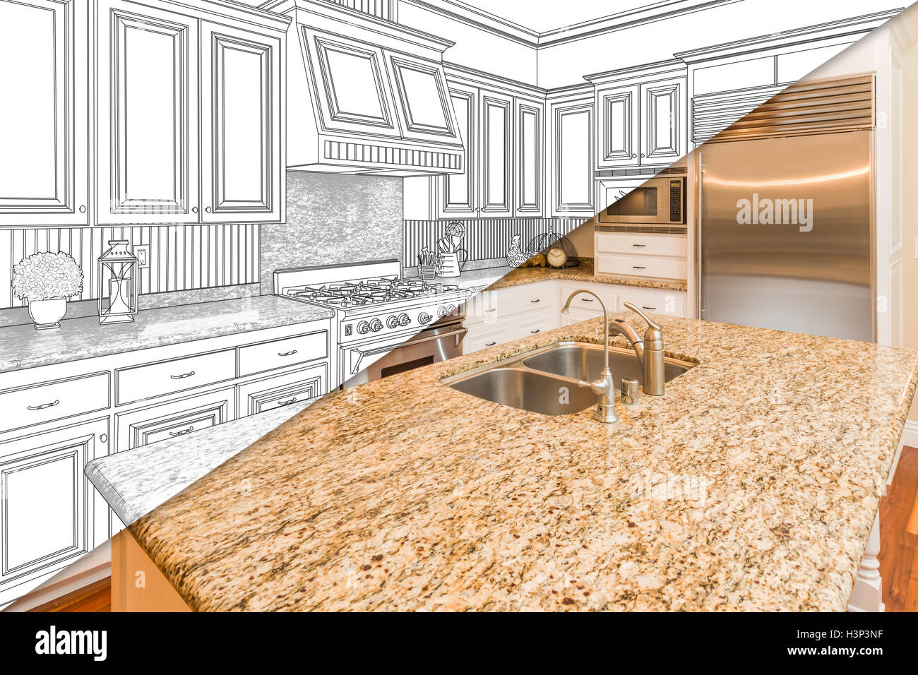 Diagonal Split Screen Of Drawing and Photo of Beautiful New Kitchen ...