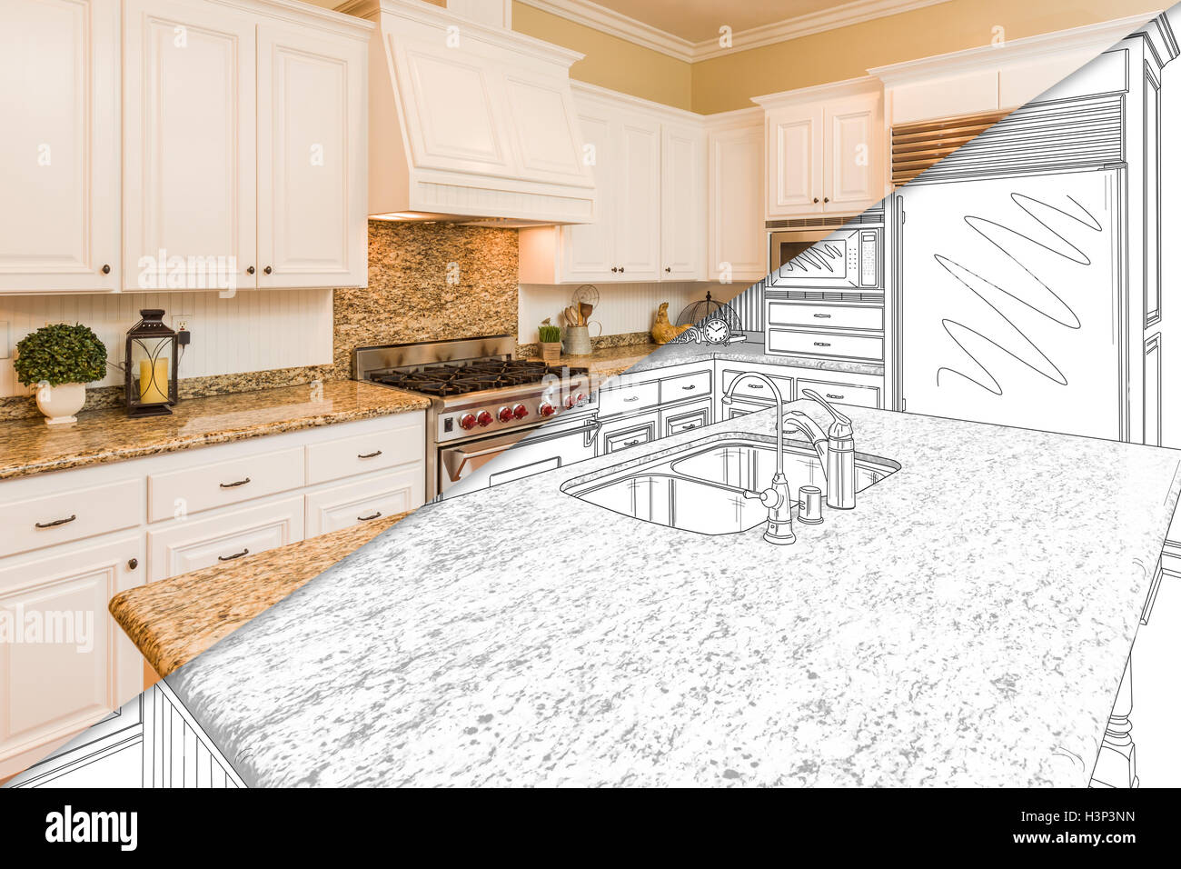 Diagonal Split Screen Of Drawing and Photo of Beautiful New Kitchen ...
