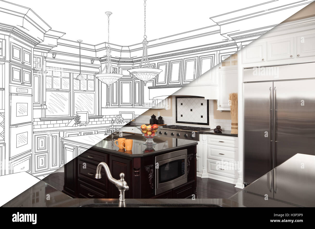 Diagonal Split Screen Of Drawing and Photo of Beautiful New Kitchen ...