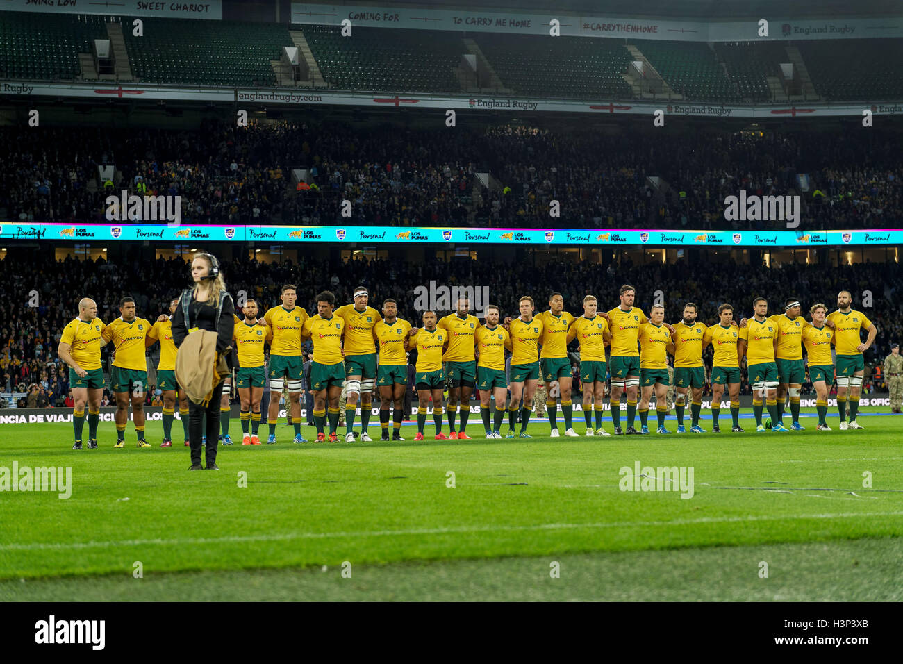 The Australian Wallabies lineup for the national anthem before the Rugby Championship rugby ...