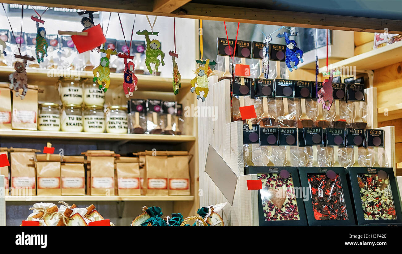 Riga, Latvia - December 26, 2015: Shelves with homemade chocolate at ...