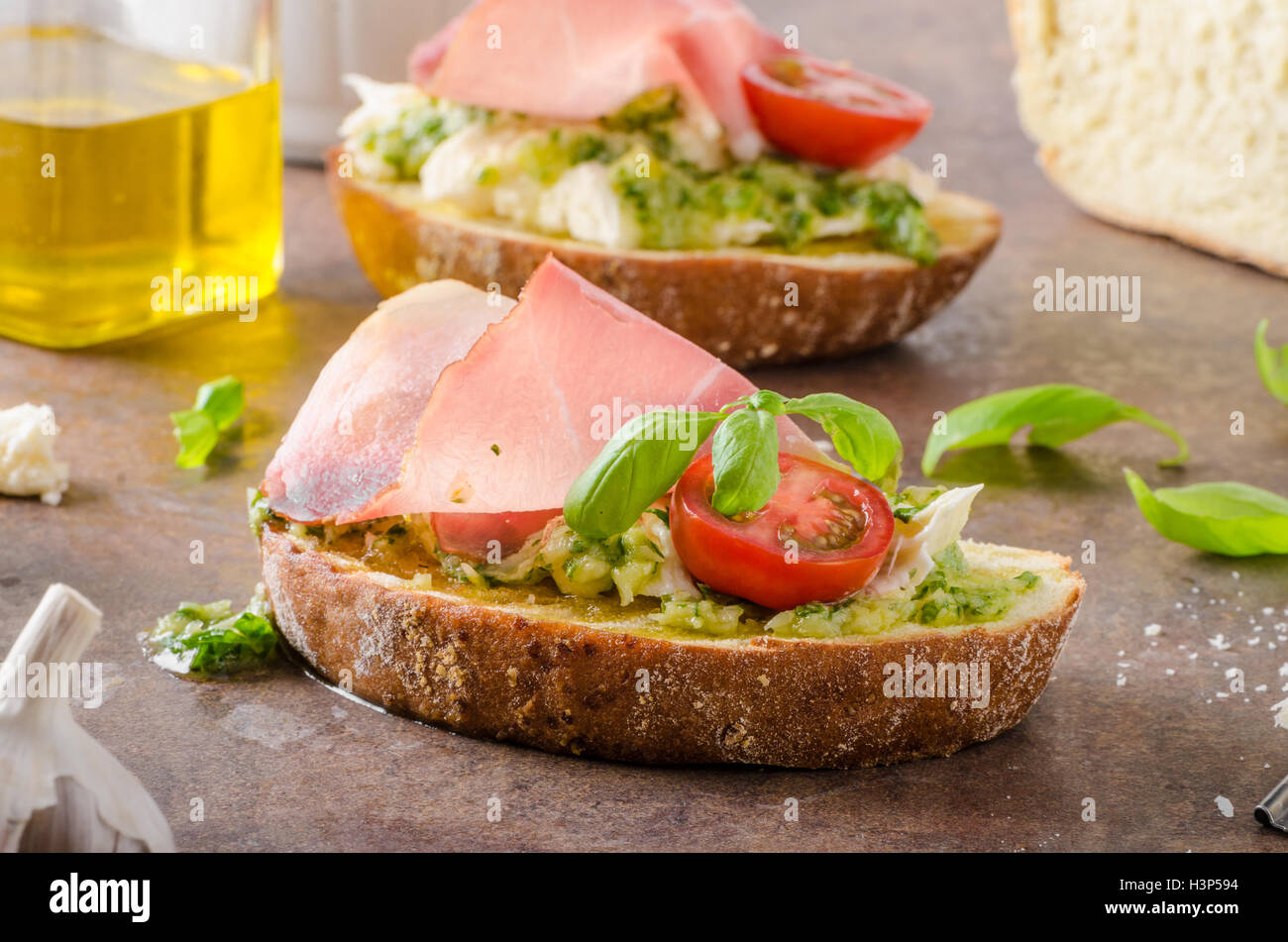 Toasted Tuscan bread with pesto and black forest ham, delicious ...