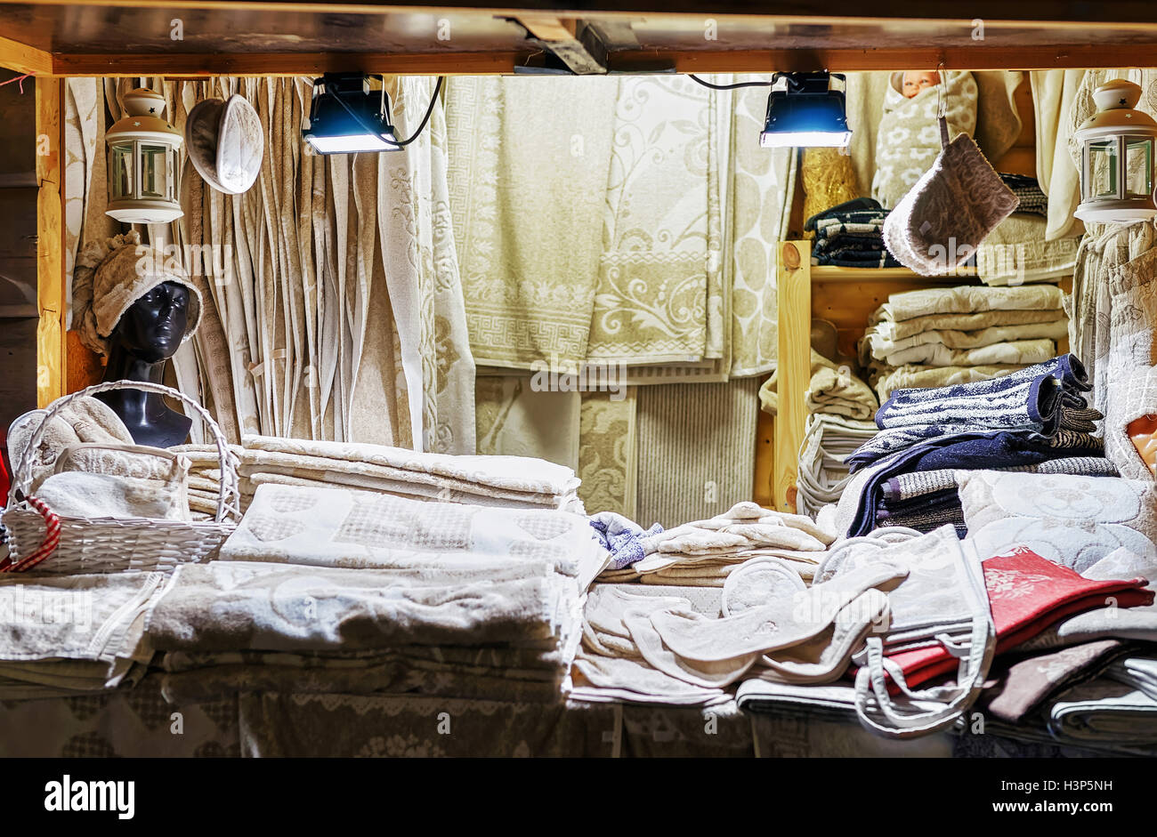 One of the stalls with linen and textile materials and souvenirs at the ...
