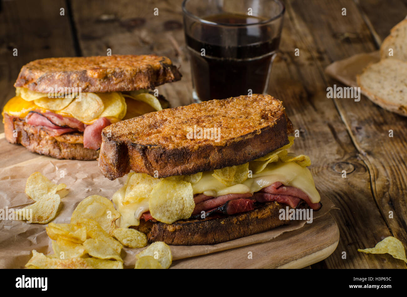 French toast salty style, with meat and chips, rustic styled photo ...