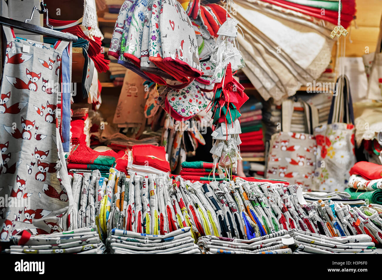 Festively ornamental and handmade linen materials presented for sale at ...