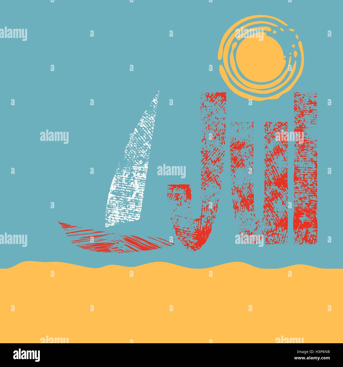 Chalk drawing summer background. Inscription Jul, seaside, ship and sun ...