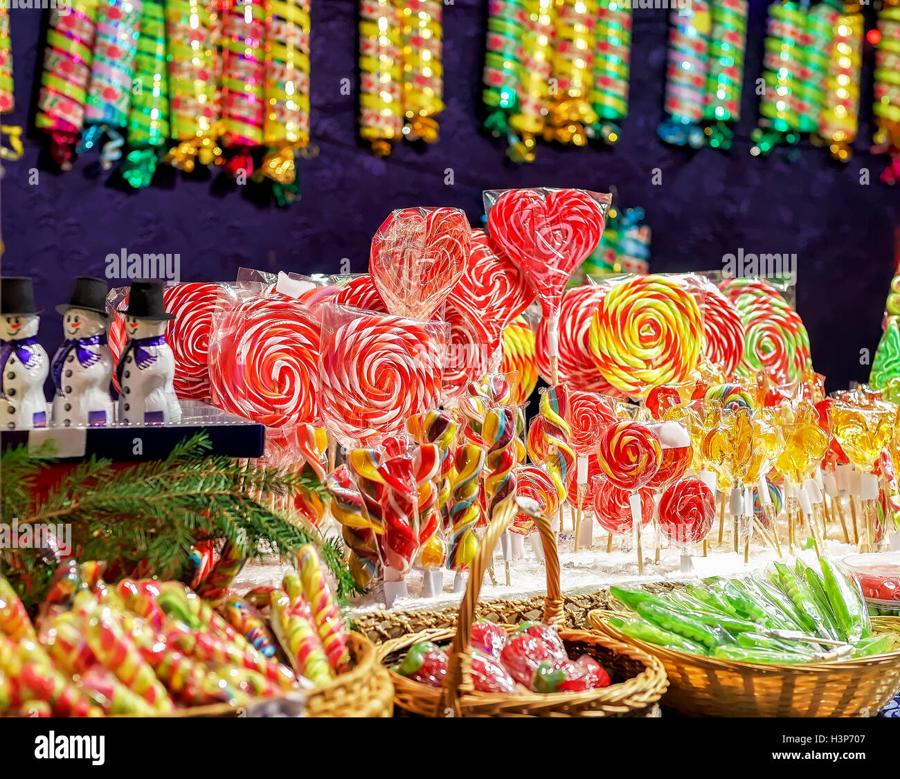 Stall with traditional colorful and festive candies in the Christmas ...