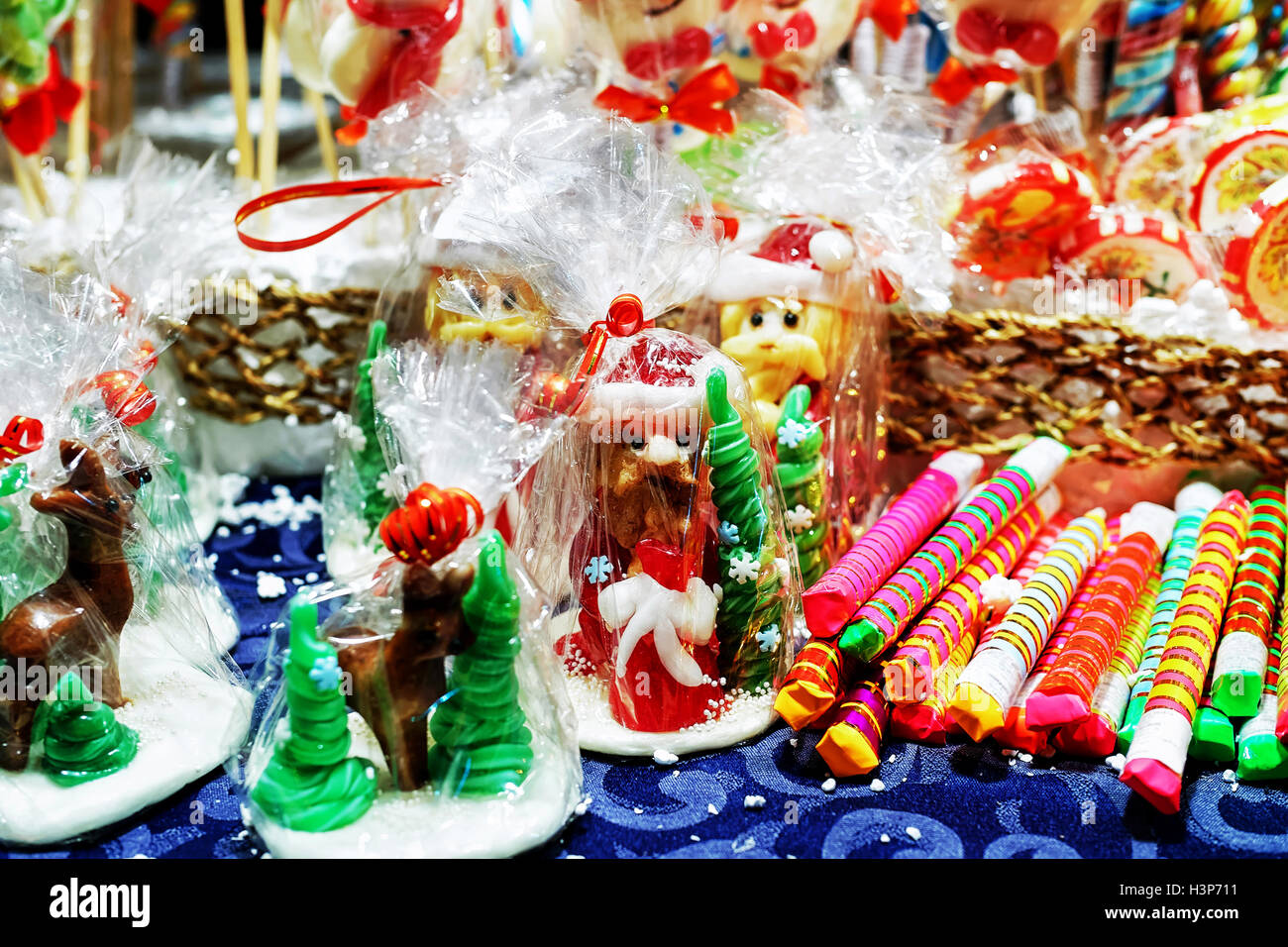 Stall with traditional colorful and festive candies at the Christmas ...