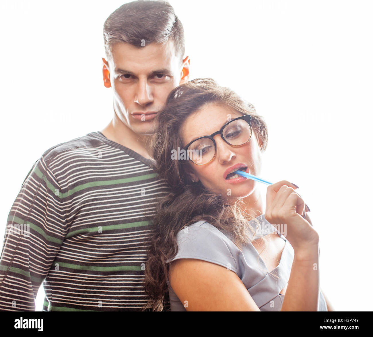 love affair at work, young pretty couple, man and woman together ...