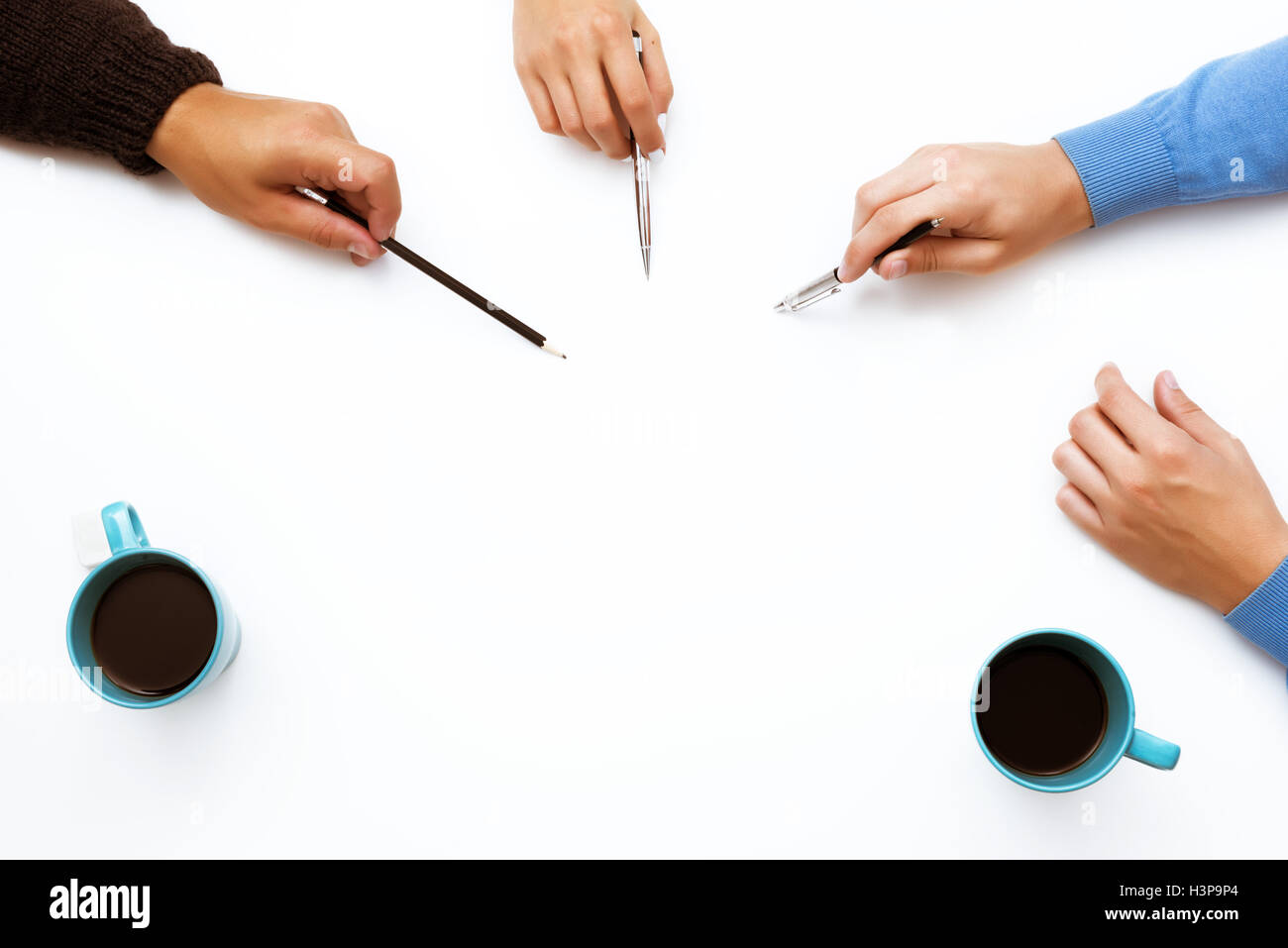 White workspace and hands pointing Stock Photo - Alamy