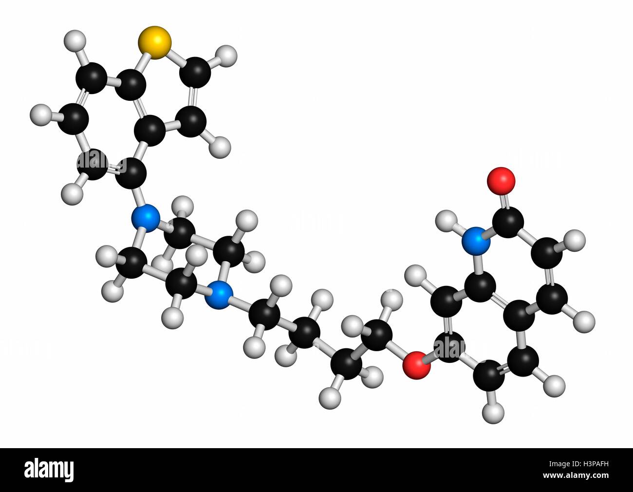 Brexpiprazole antipsychotic drug molecule. Atoms are represented as ...
