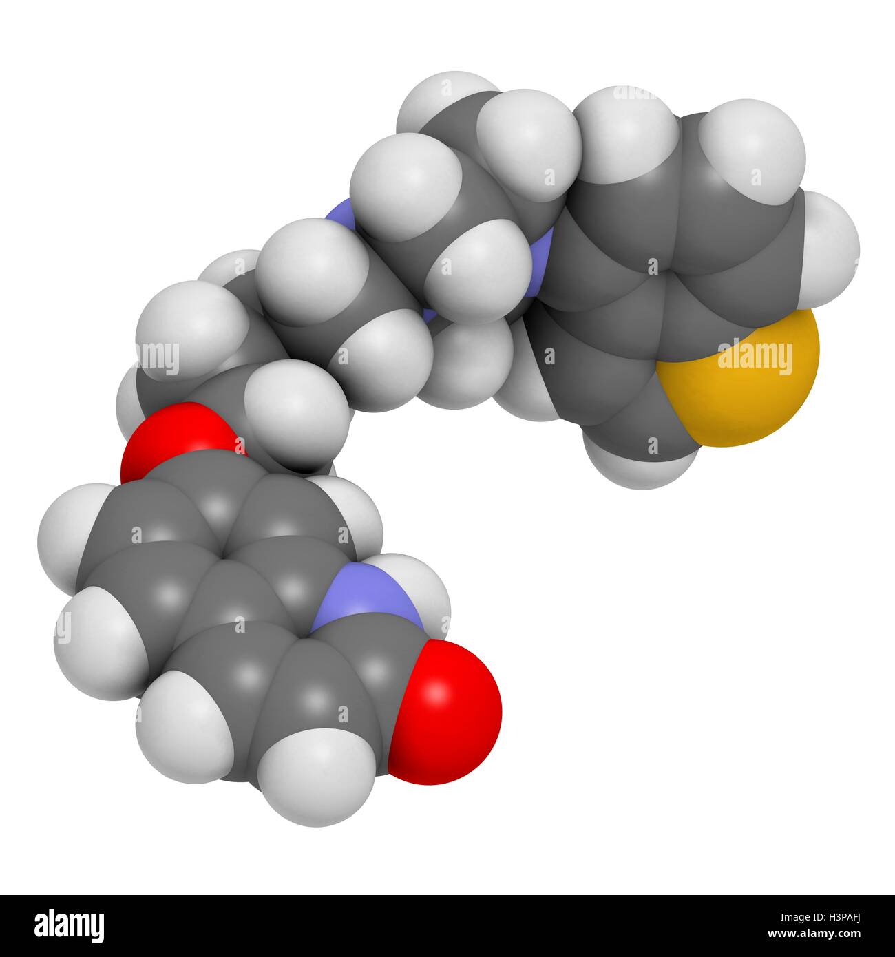 Brexpiprazole antipsychotic drug molecule. Atoms are represented as ...