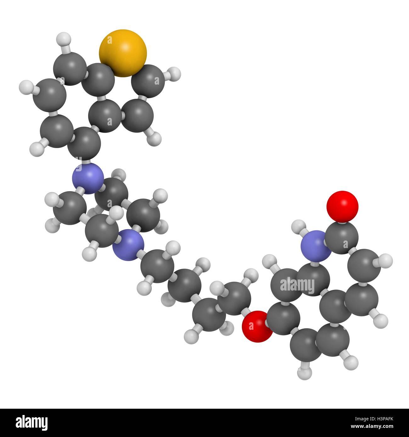 Brexpiprazole antipsychotic drug molecule. Atoms are represented as ...