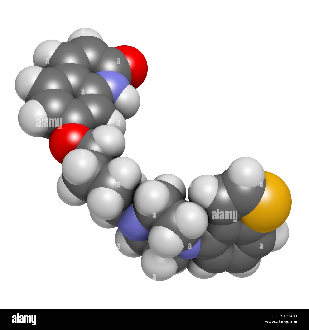 Brexpiprazole antipsychotic drug molecule. Atoms are represented as ...