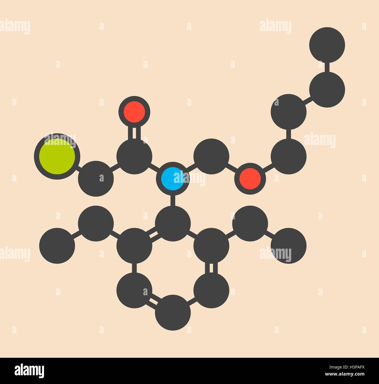 Butachlor herbicide molecule. Stylized skeletal formula (chemical ...