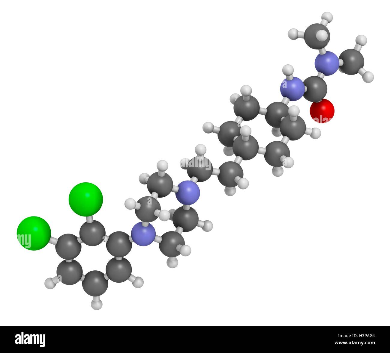 Cariprazine antipsychotic drug molecule. Atoms are represented as ...