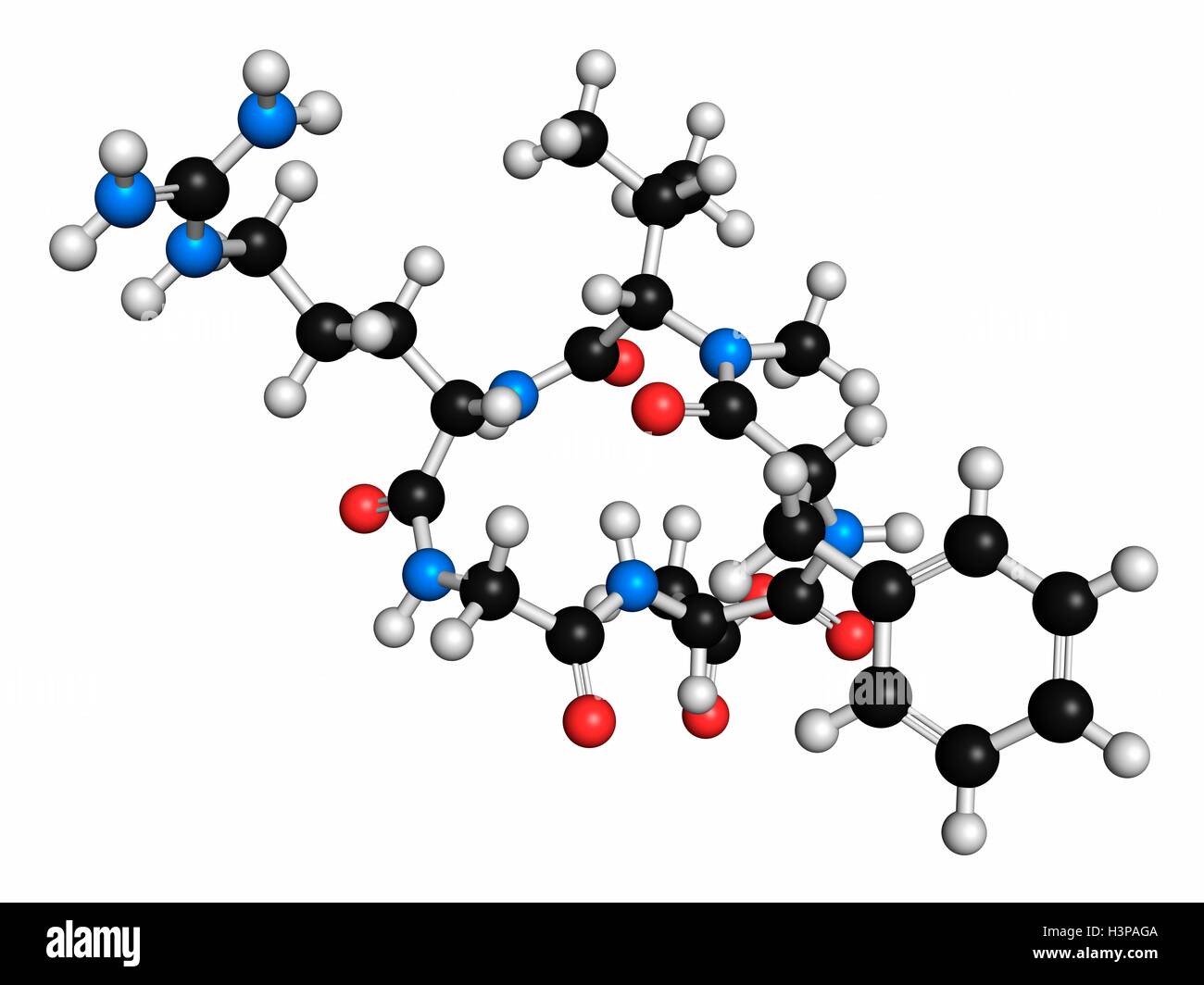 Cilengitide cancer drug molecule. Atoms are represented as spheres with ...