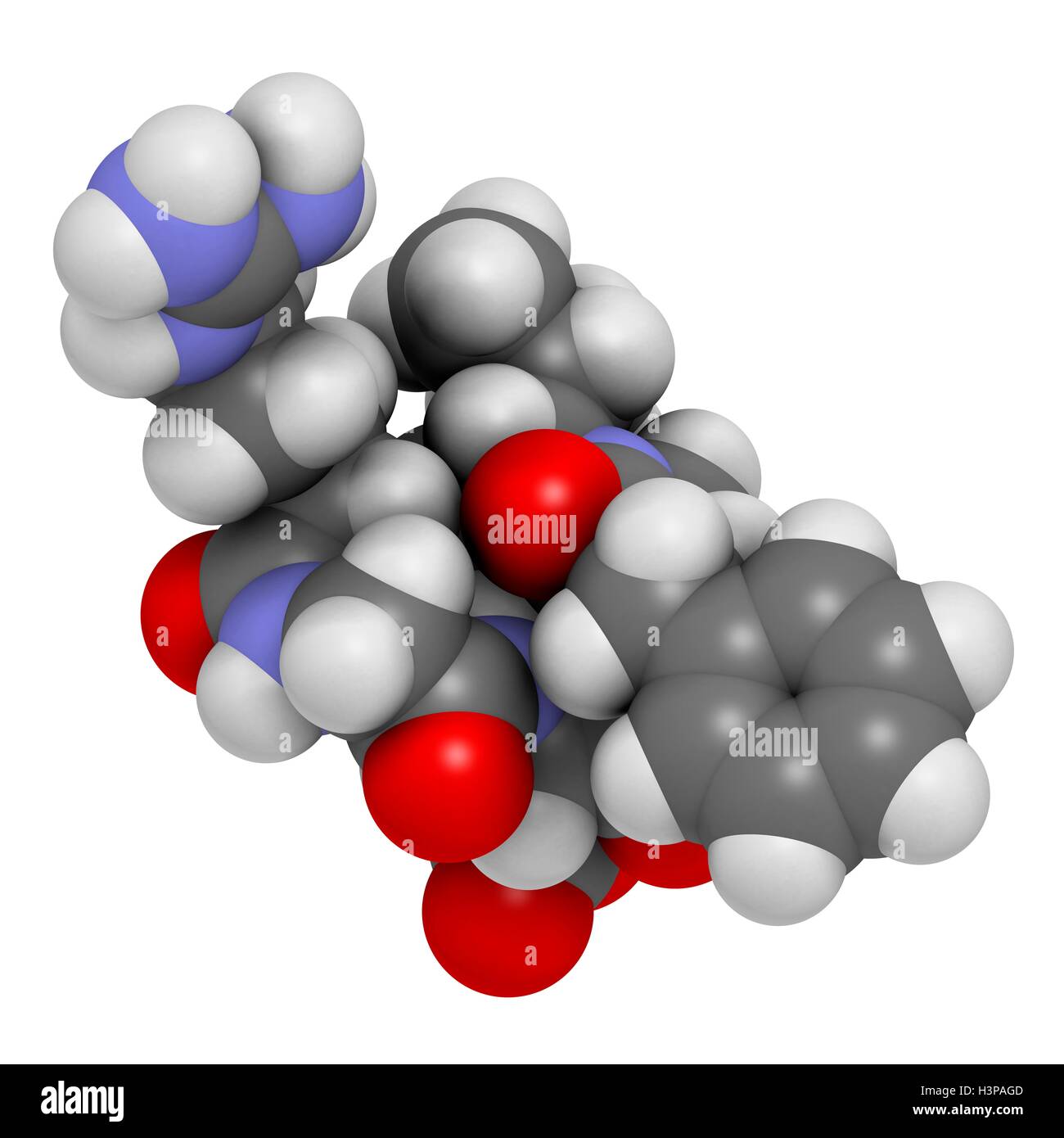 Cilengitide cancer drug molecule. Atoms are represented as spheres with ...