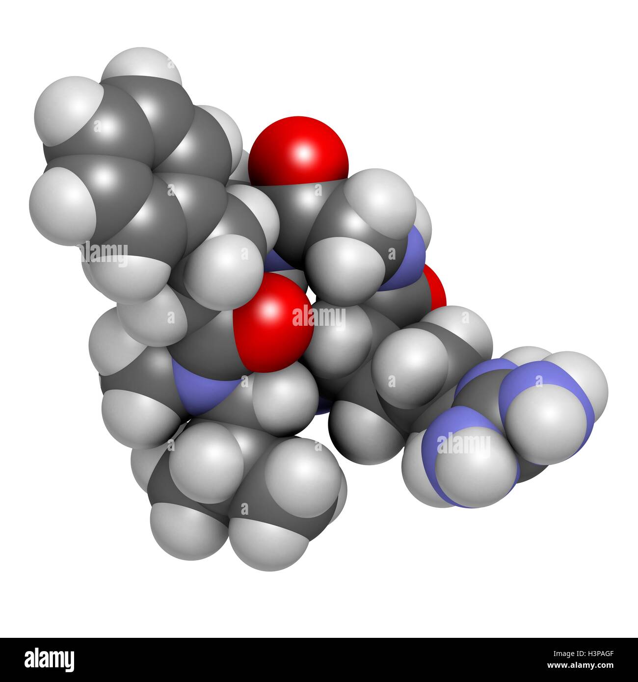 Cilengitide cancer drug molecule. Atoms are represented as spheres with ...