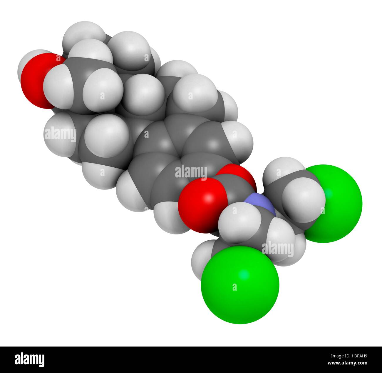 Estramustine prostate cancer chemotherapy drug molecule. Atoms are ...