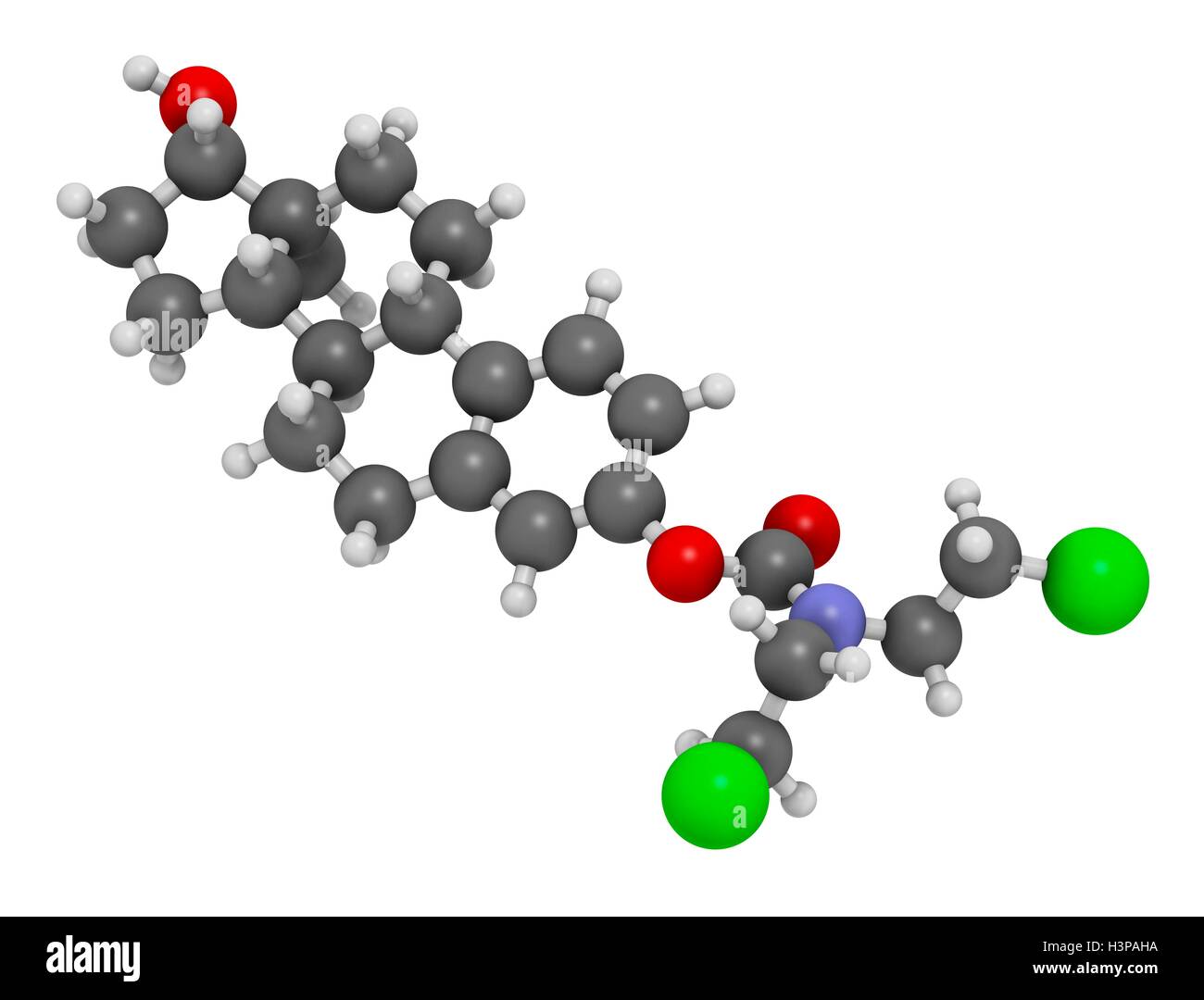 Estramustine prostate cancer chemotherapy drug molecule. Atoms are ...