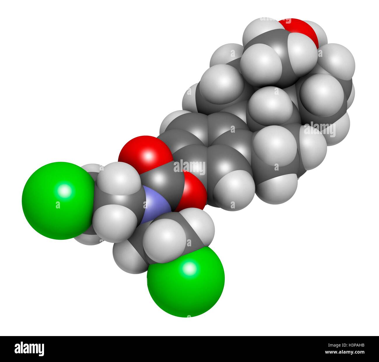 Estramustine prostate cancer chemotherapy drug molecule. Atoms are ...
