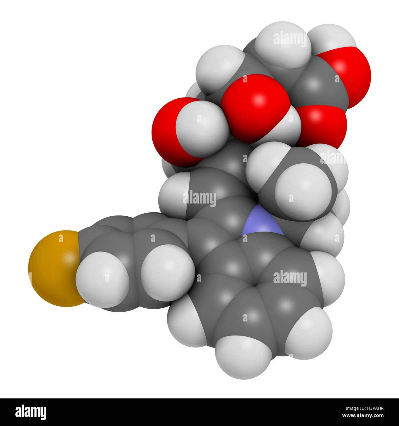 Fluvastatin hypercholesterolemia drug molecule. Atoms are represented ...