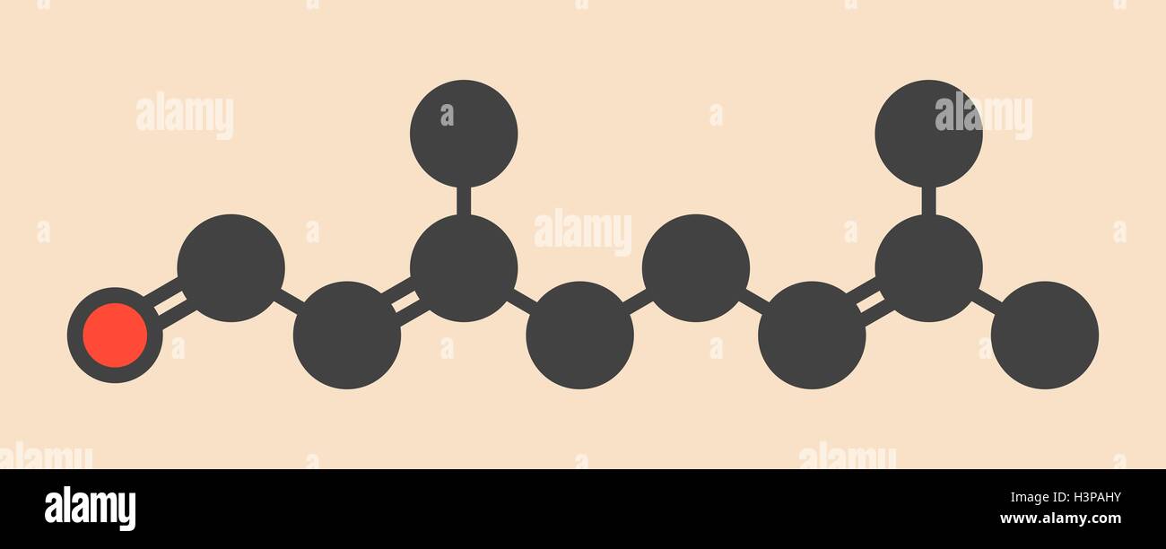 Geranial lemon fragrance molecule. Stylized skeletal formula (chemical ...