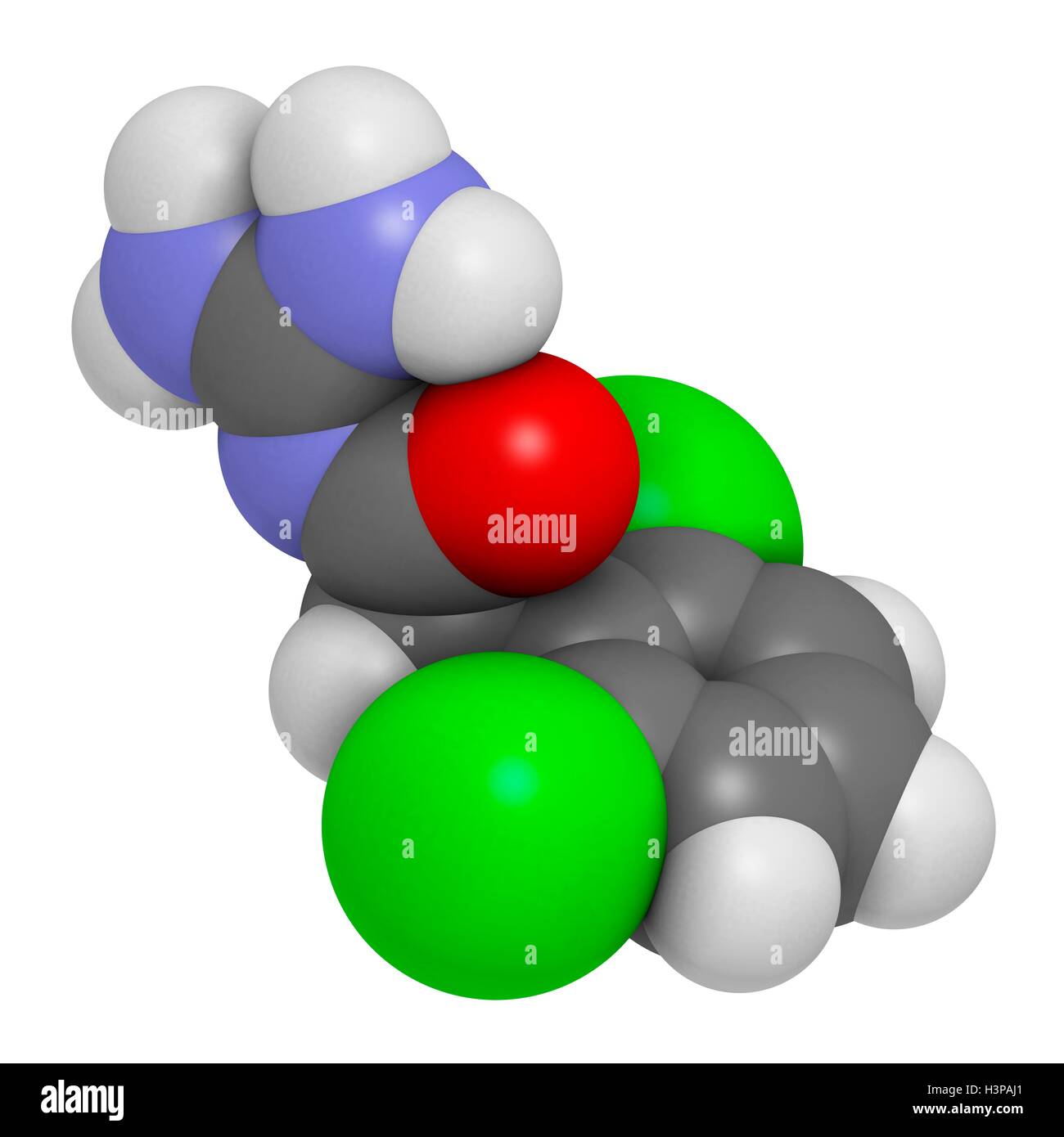 Guanfacine ADHD drug molecule. Atoms are represented as spheres with ...