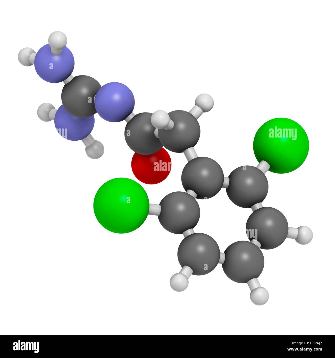 Guanfacine ADHD drug molecule. Atoms are represented as spheres with ...