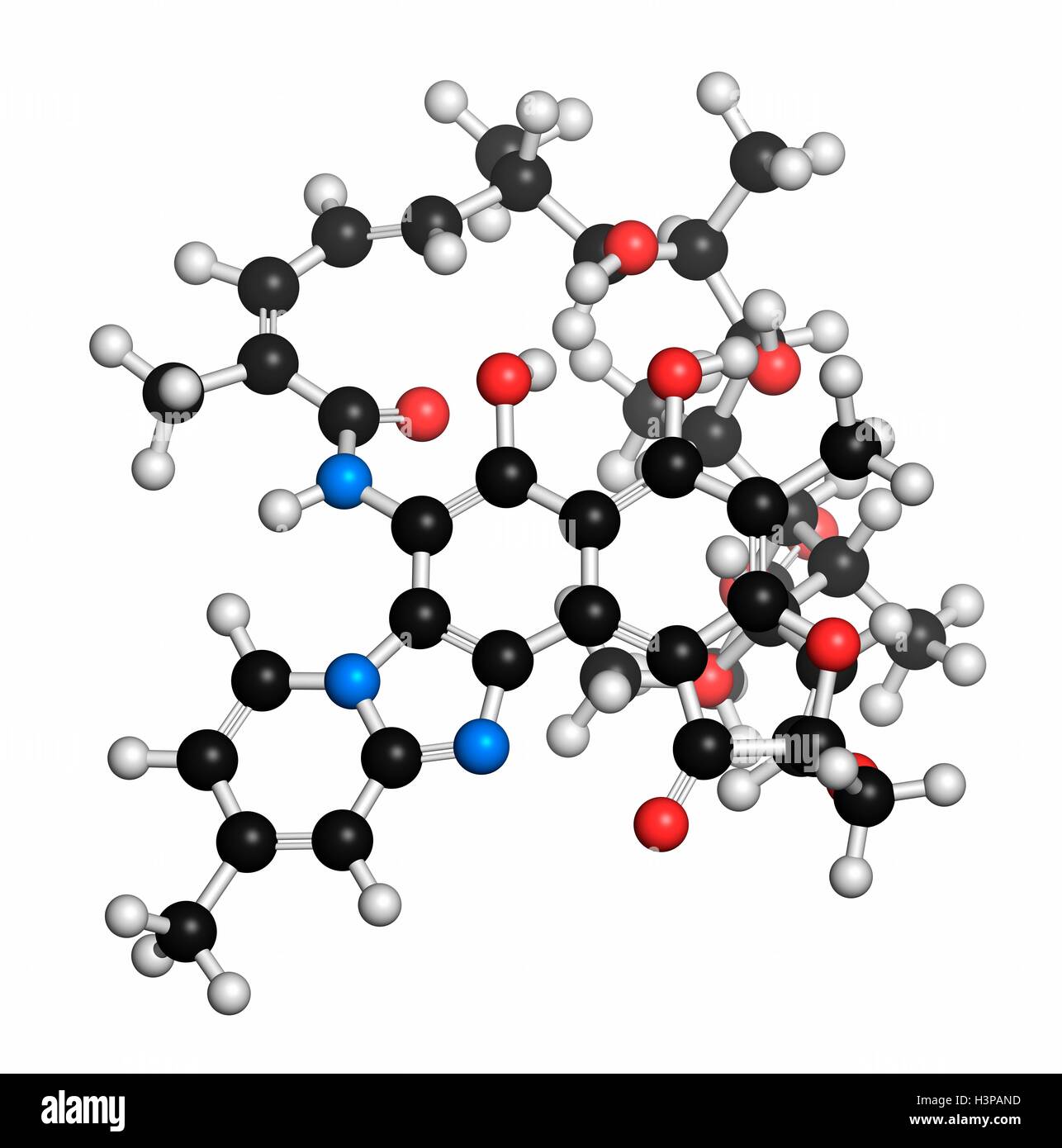 Rifaximin antibiotic drug molecule. Atoms are represented as spheres ...