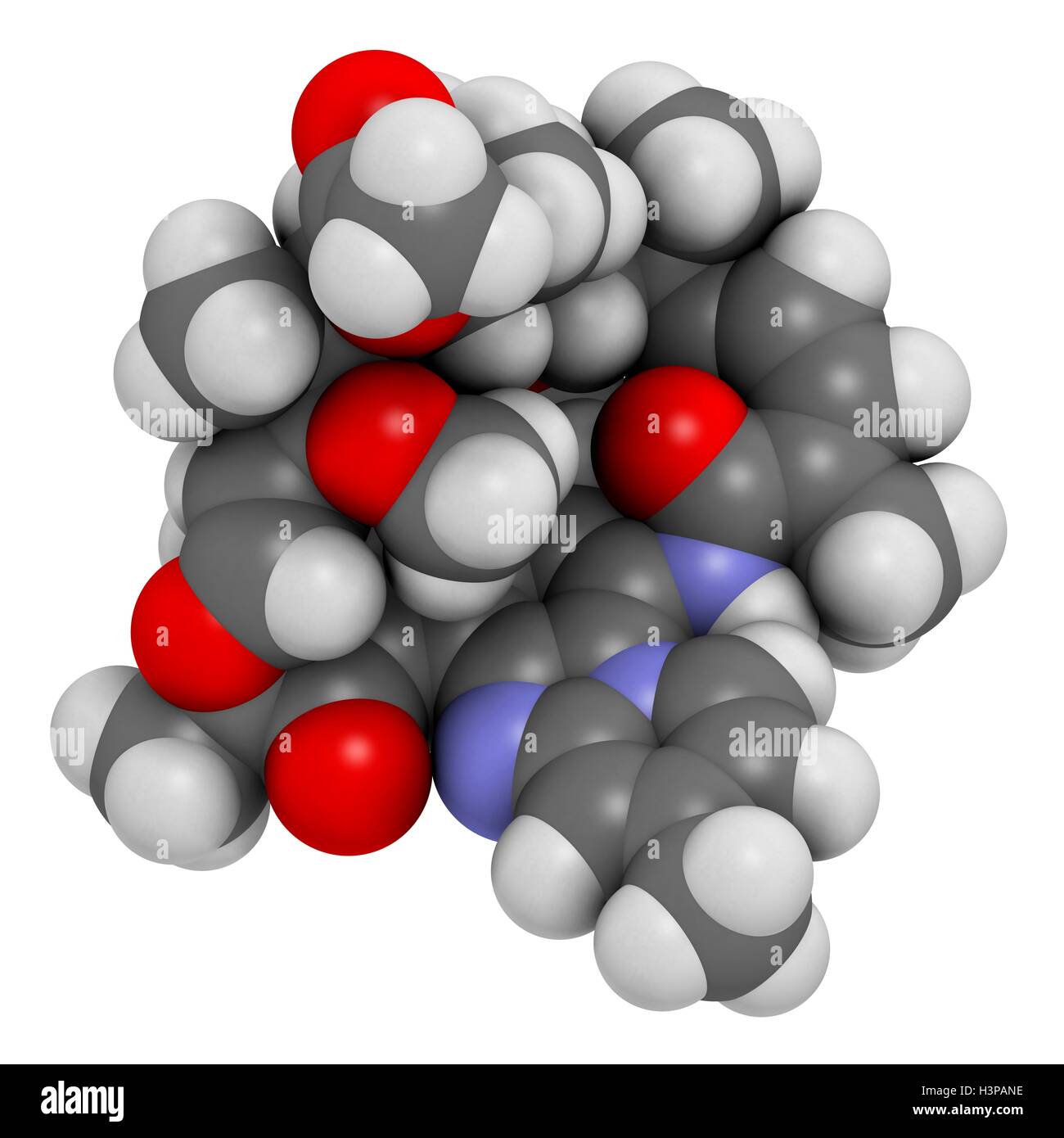 Rifaximin antibiotic drug molecule. Atoms are represented as spheres ...