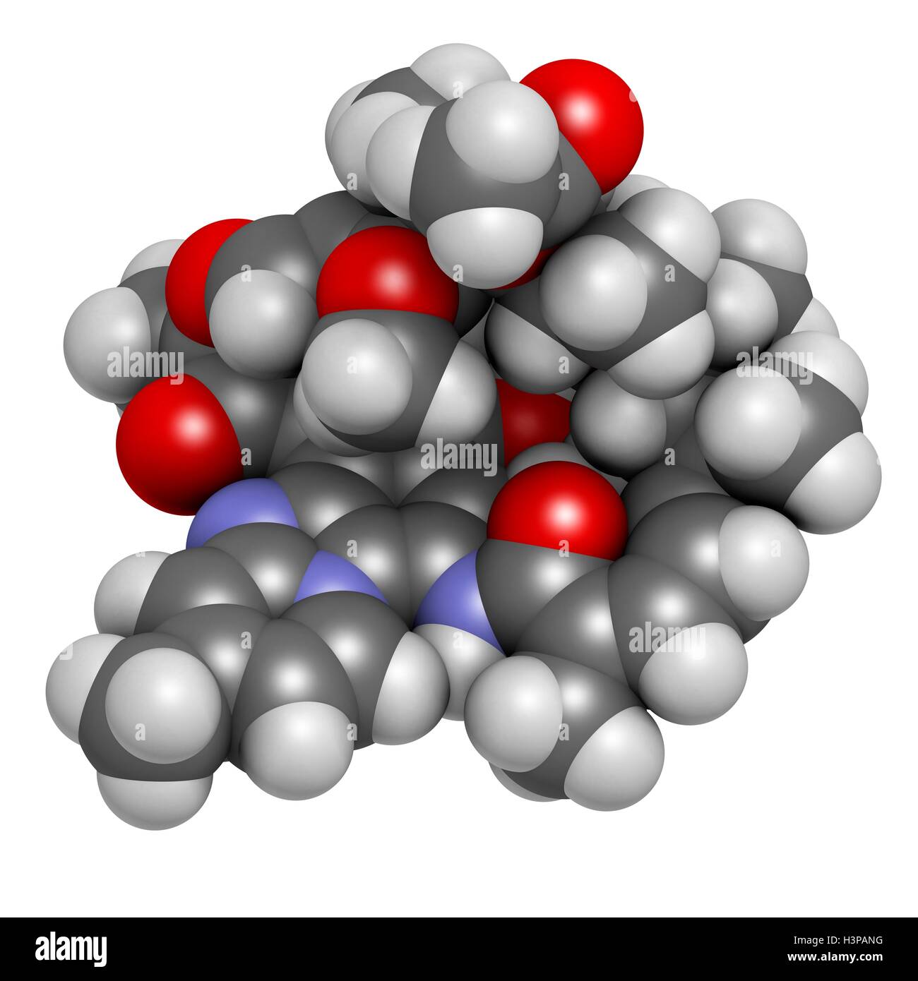 Rifaximin antibiotic drug molecule. Atoms are represented as spheres ...