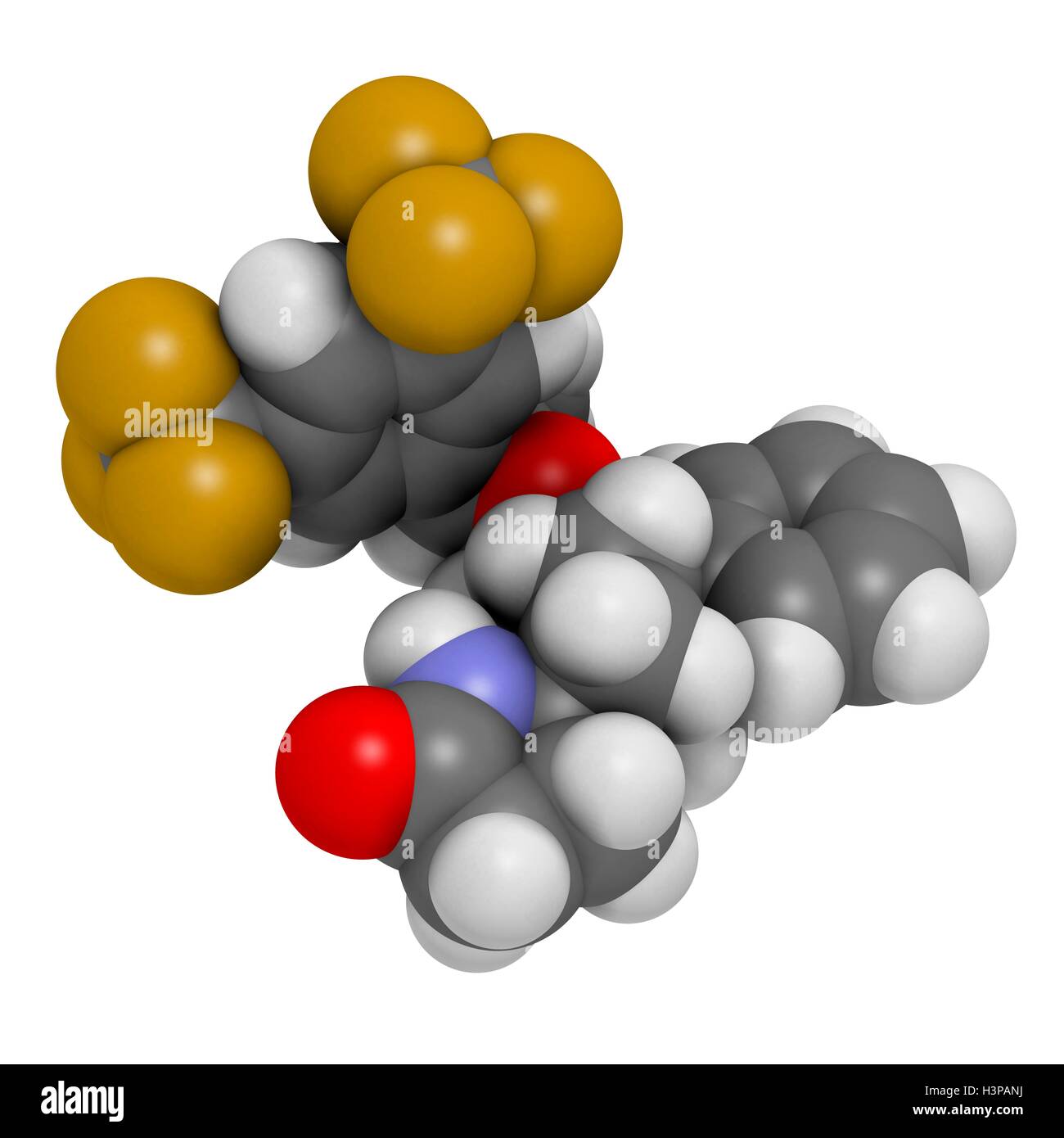 Rolapitant antiemetic drug molecule. Atoms are represented as spheres ...