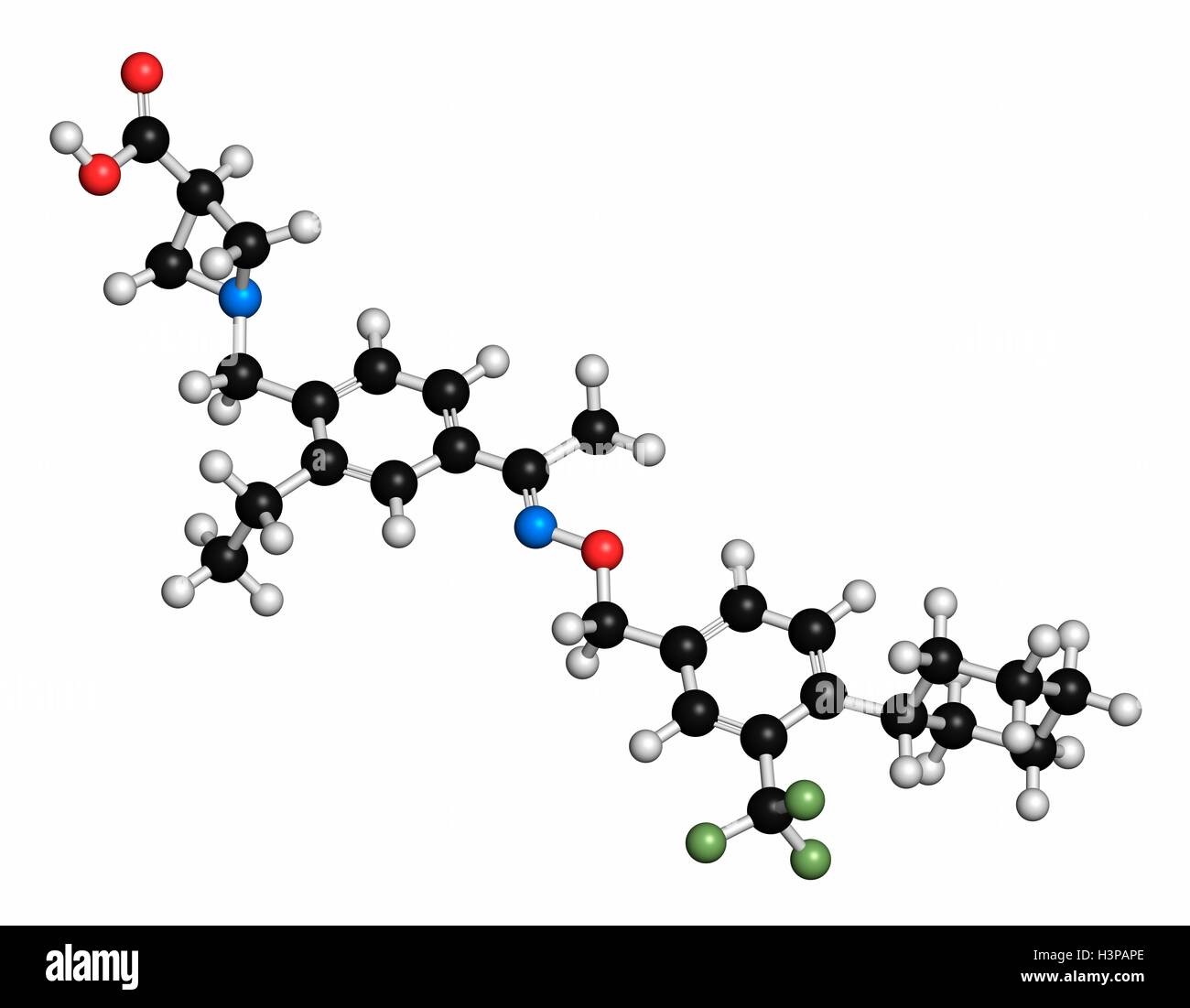 Siponimod anti-inflammatory drug molecule (S1PR1 modulator). Atoms are ...