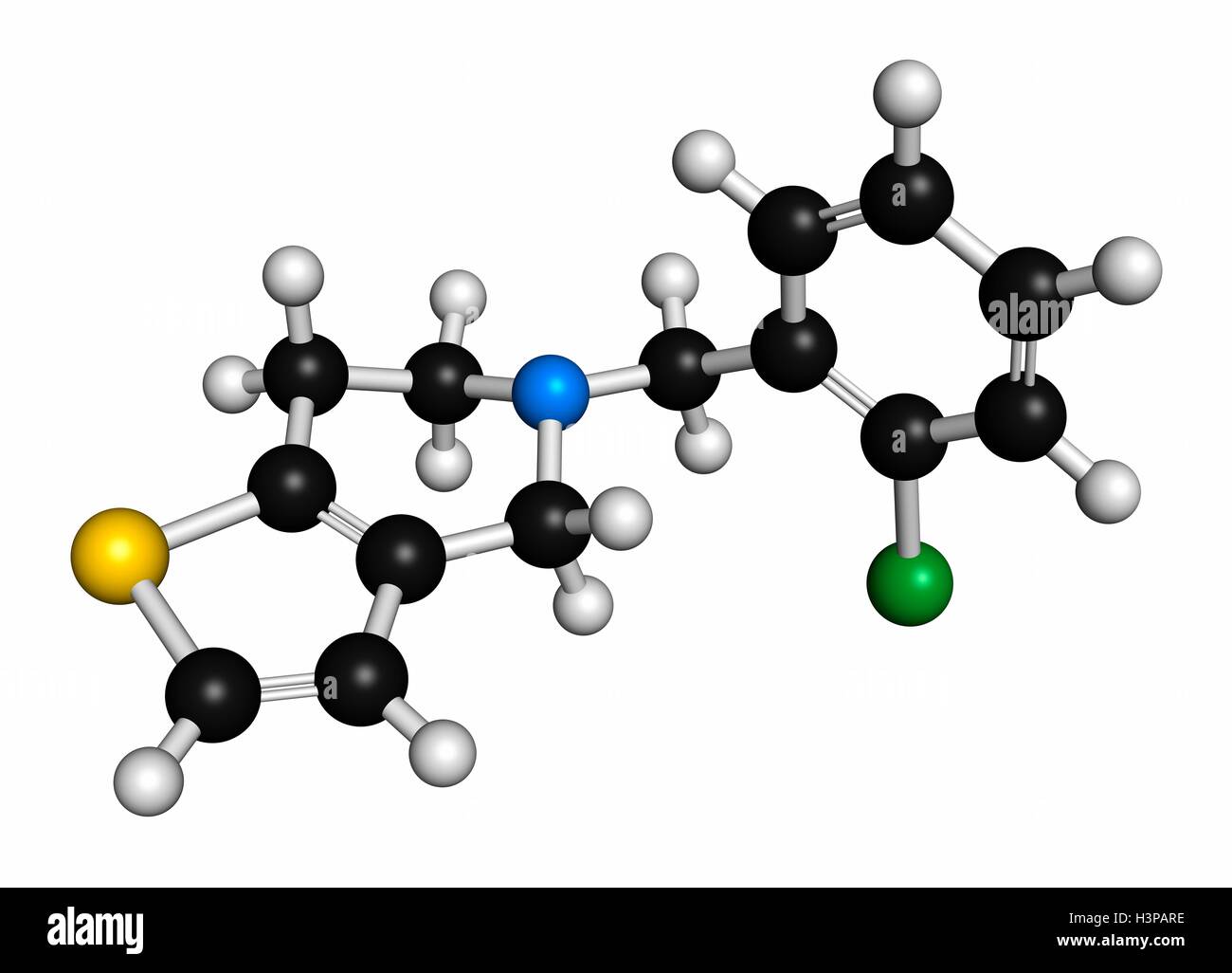 Ticlopidine antiplatelet drug molecule. Atoms are represented as ...