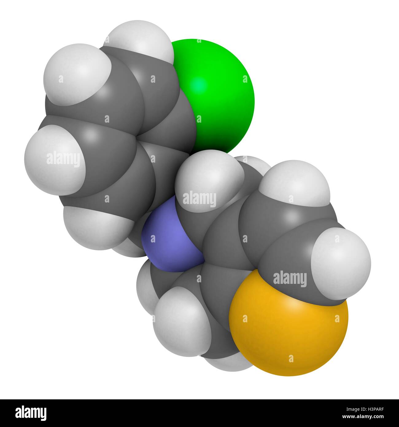 Ticlopidine antiplatelet drug molecule. Atoms are represented as ...