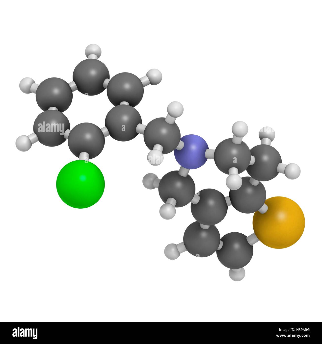 Ticlopidine antiplatelet drug molecule. Atoms are represented as ...