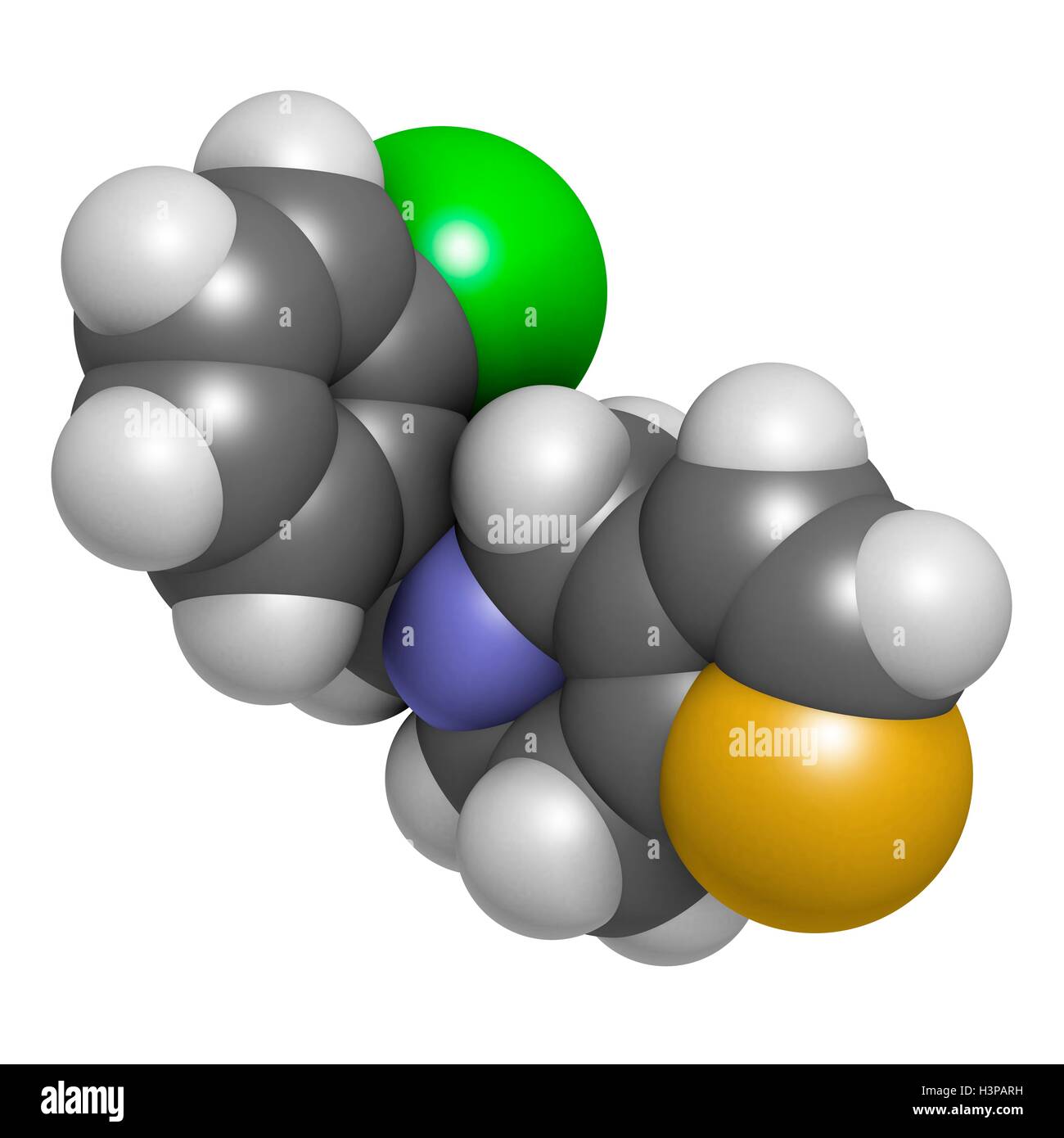 Ticlopidine antiplatelet drug molecule. Atoms are represented as ...