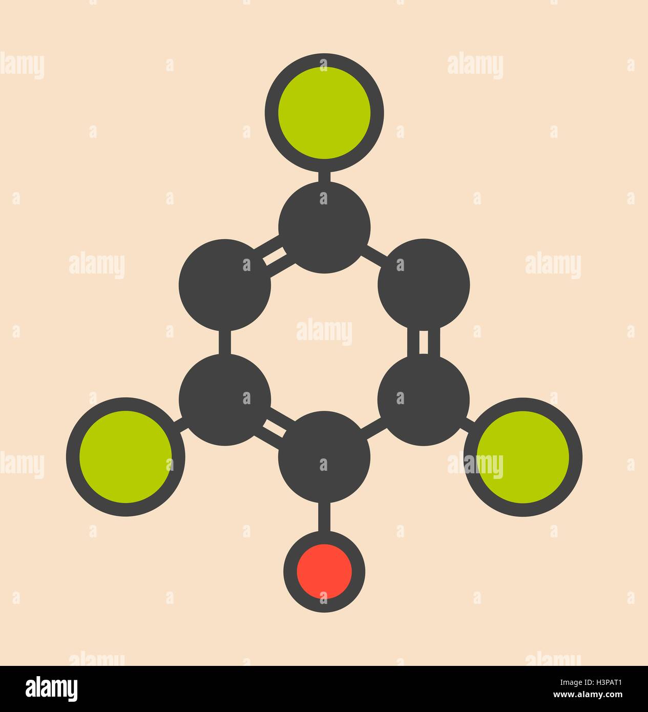 Trichlorophenol (TCP, 2,4,6-trichlorophenol) molecule. Stylized ...