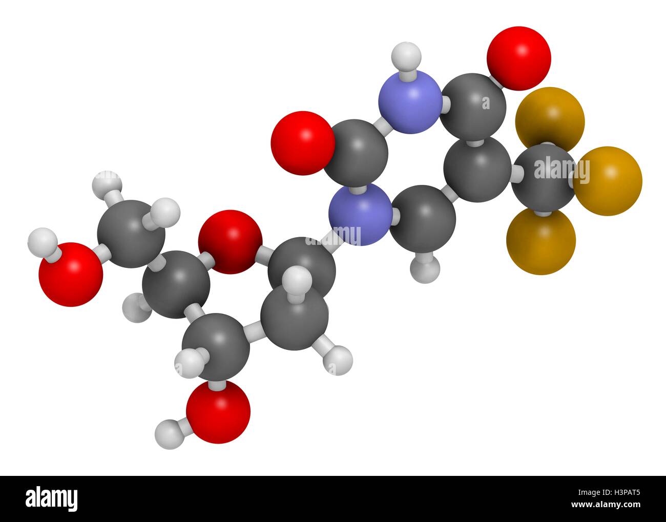 Trifluridine (trifluorothymidine, TFT) antiviral drug molecule. Atoms ...