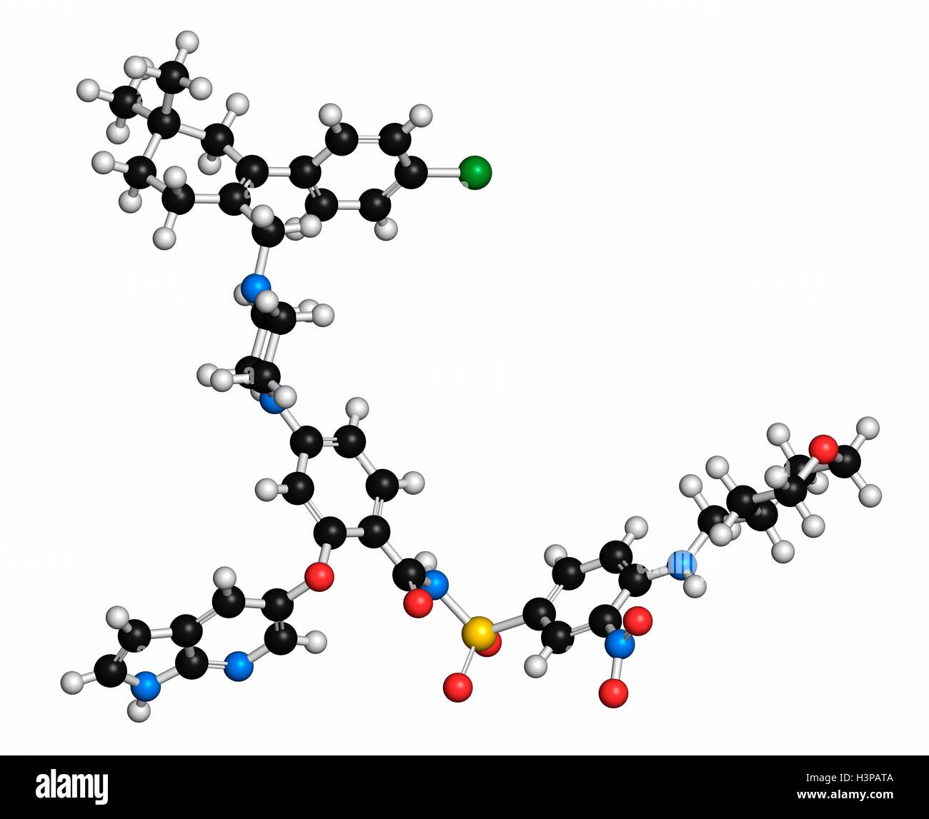 Venetoclax cancer drug molecule (BCL-2 inhibitor). Atoms are ...