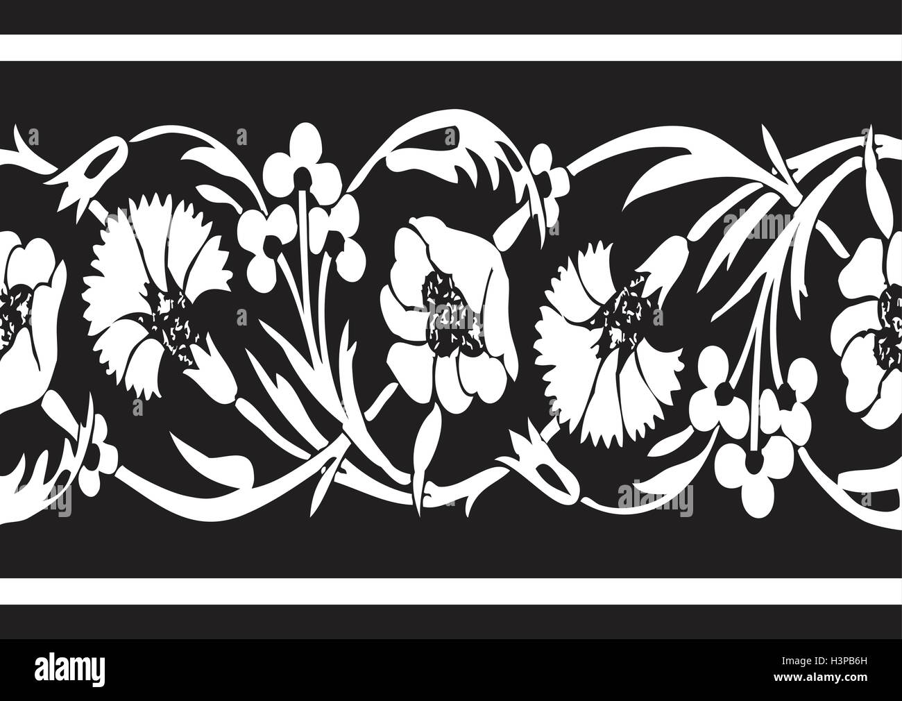 Black and white vintage wildflowers border floral background seamless ...